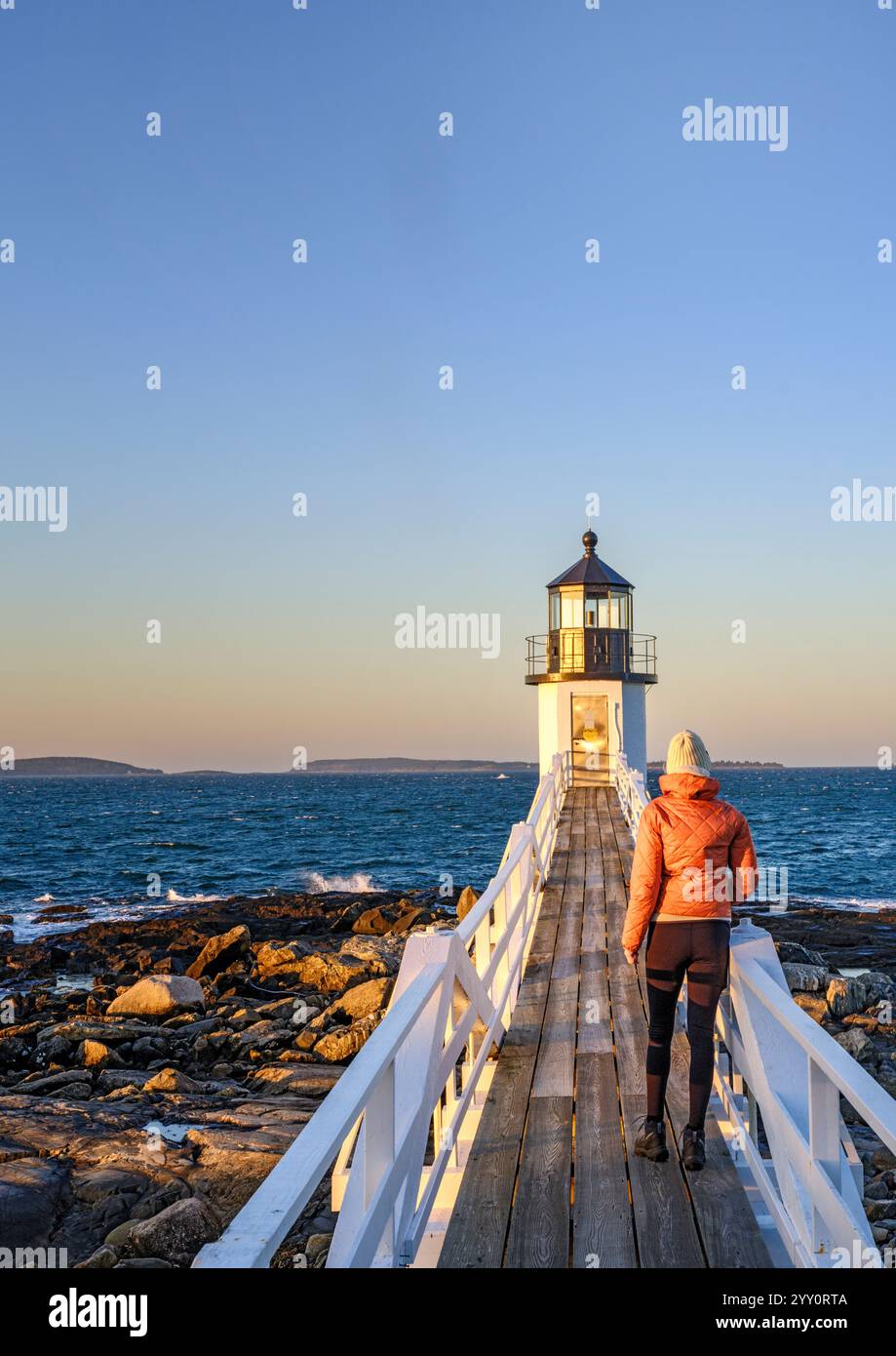 Woman enjoying the view at Marshall Point Lighthouse for Sunrise Port Clyde, , Maine, New ...
