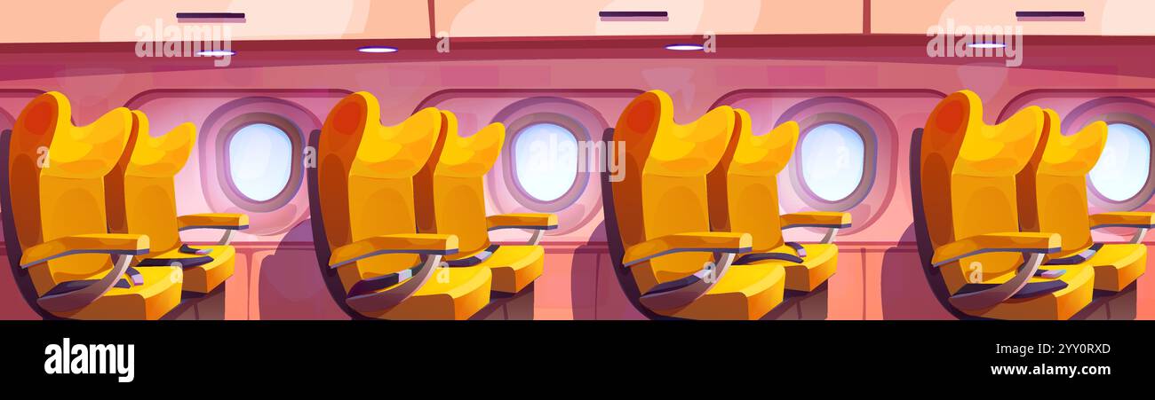 Interior side view of aircraft cabin with rows of yellow seats, oval ...