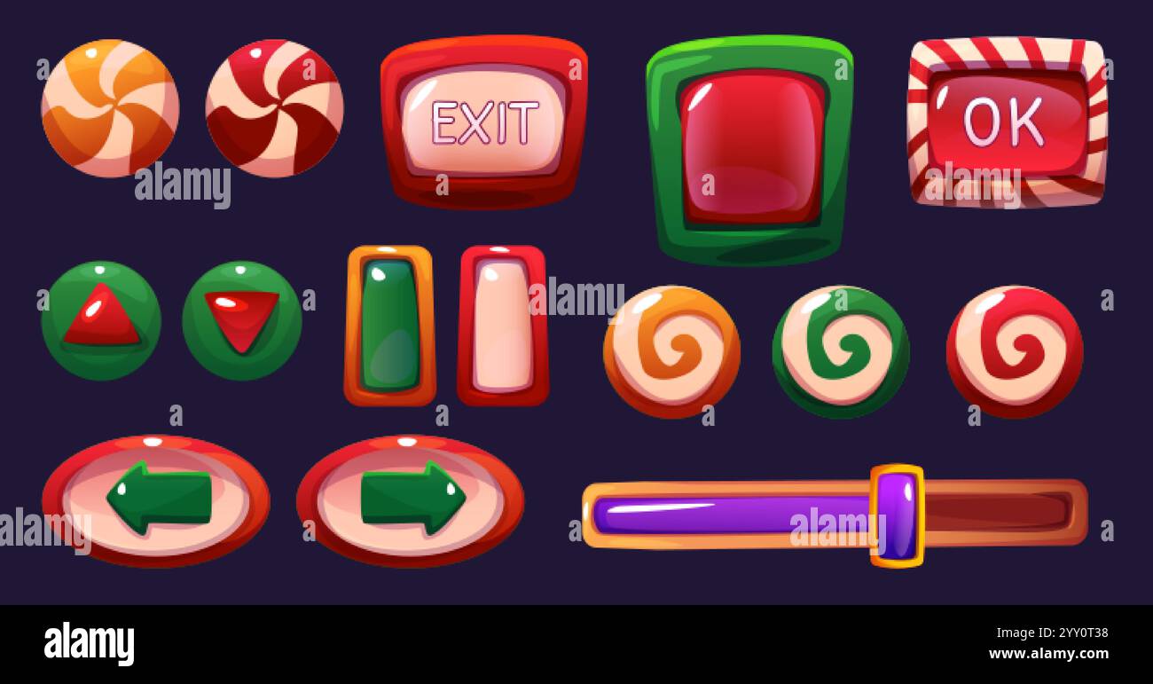 Candy game ui buttons set isolated on black background. Vector cartoon illustration of progress ...