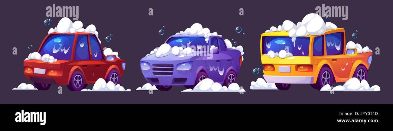 Cartoon vehicles covered in white foamy soap bubbles at automatic car ...