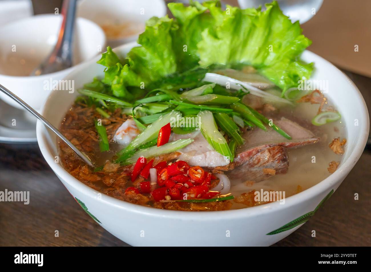 Vietnamese Pho Noodle Soup with Fresh Herbs, Chili, and Sliced Pork ...