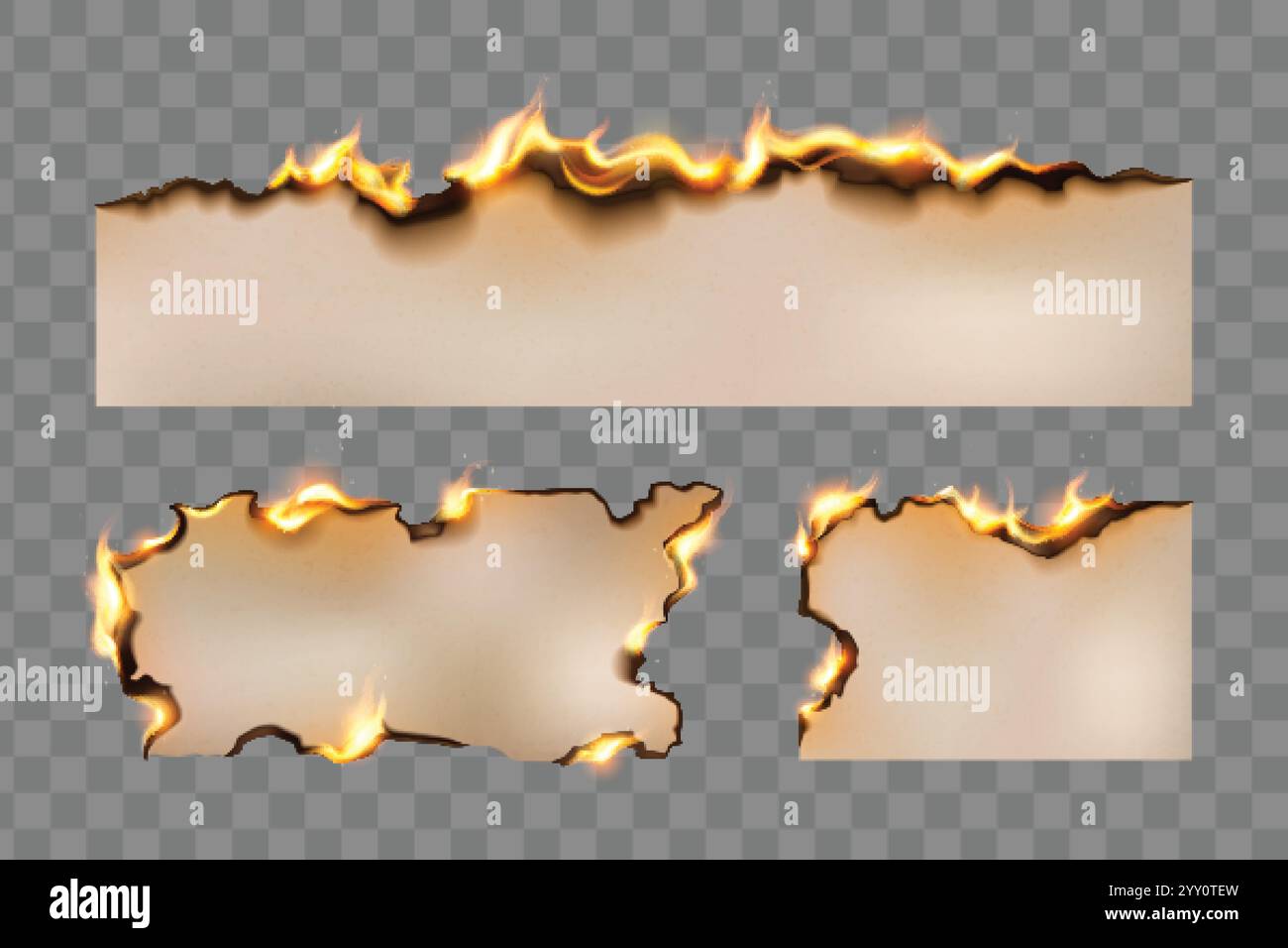 Beige parchment sheets with glowing edges and bright fire flames ...