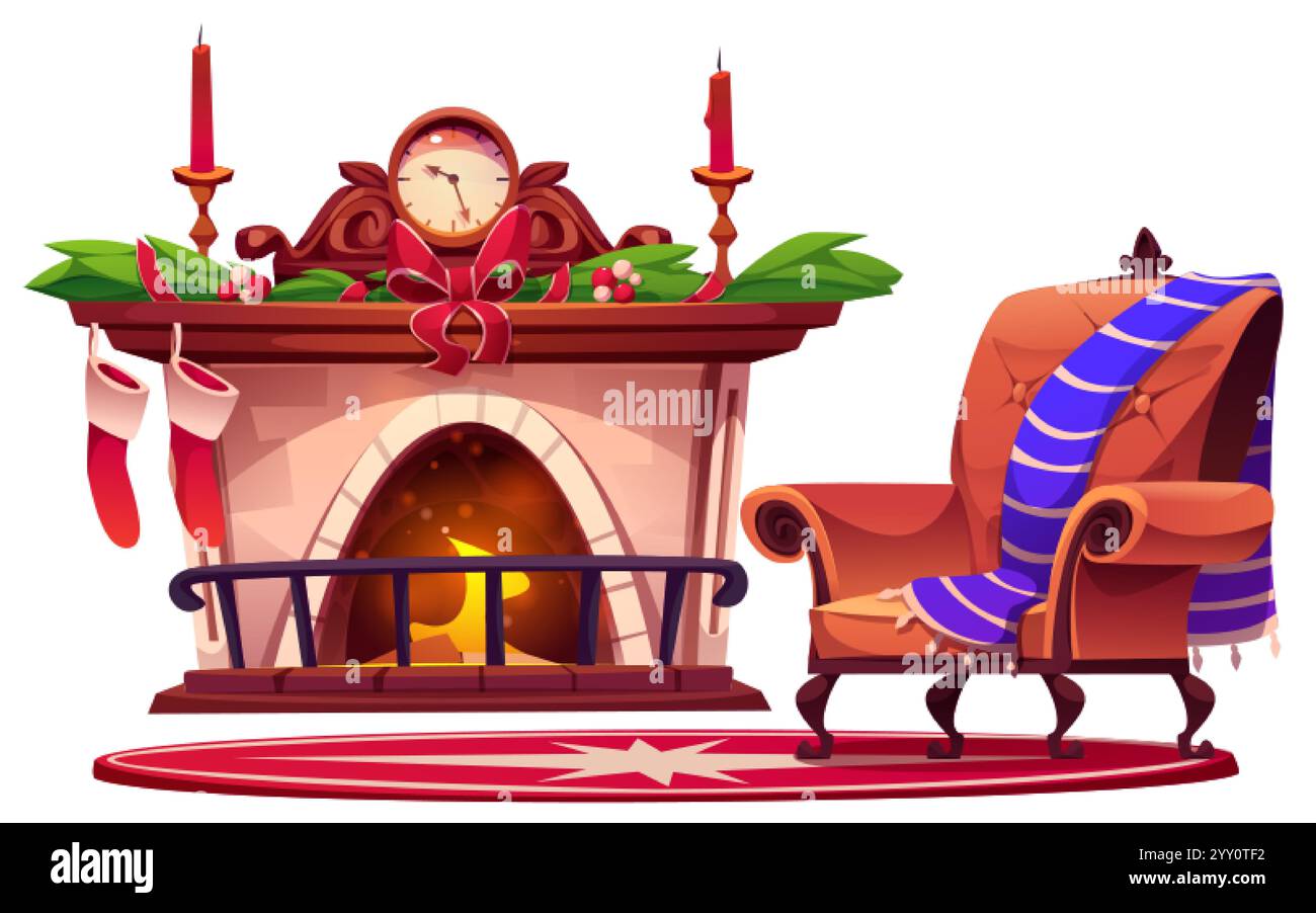 Cozy Christmas interior with decorated fireplace with stockings and ...