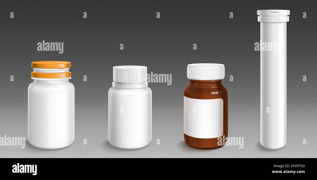 Medical containers mockup set. 3d vector plastic supplement jars with ...