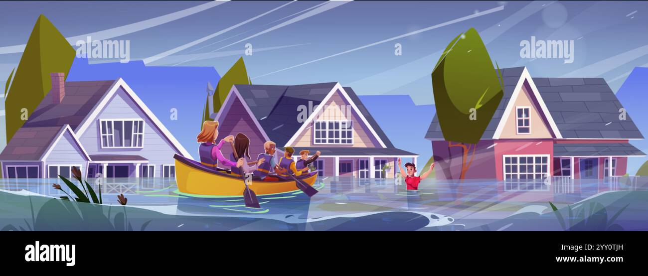 Natural disaster in neighborhood. Rescue team on boat float on flooded ...