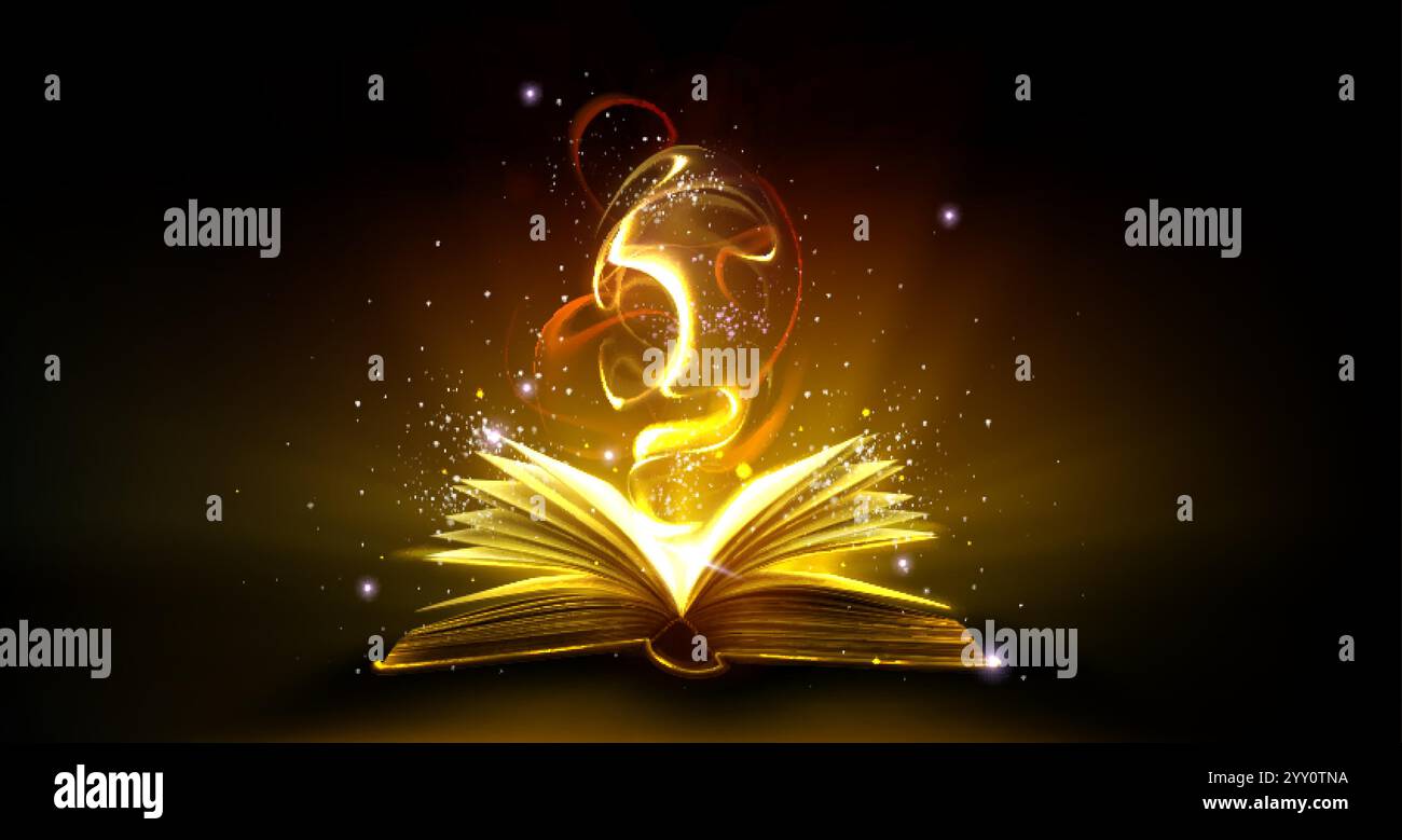 Magic book with golden light and shimmering stars. Open pages with ...
