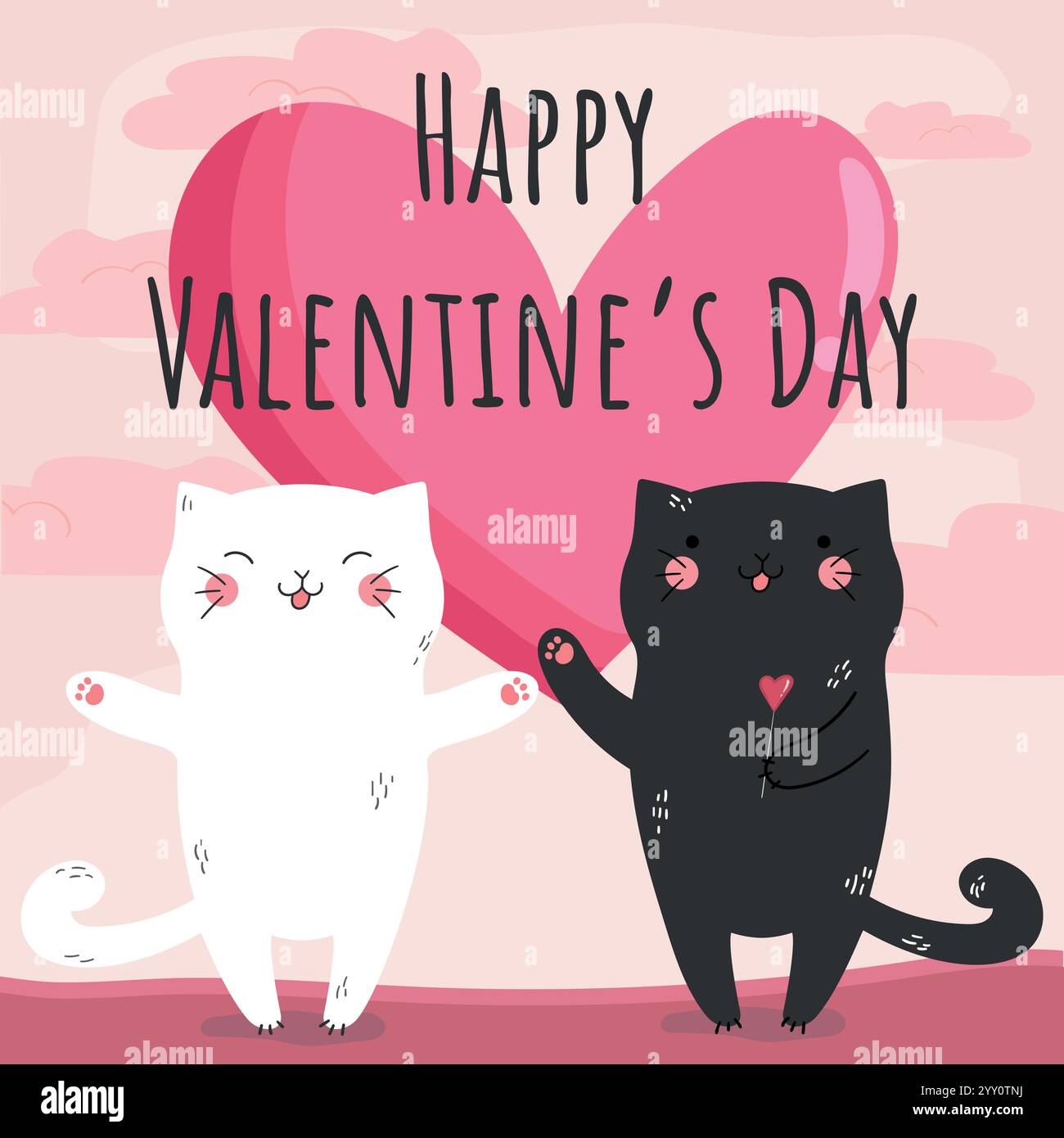 Valentine card with two hand drawn cats in love with heart on pink ...