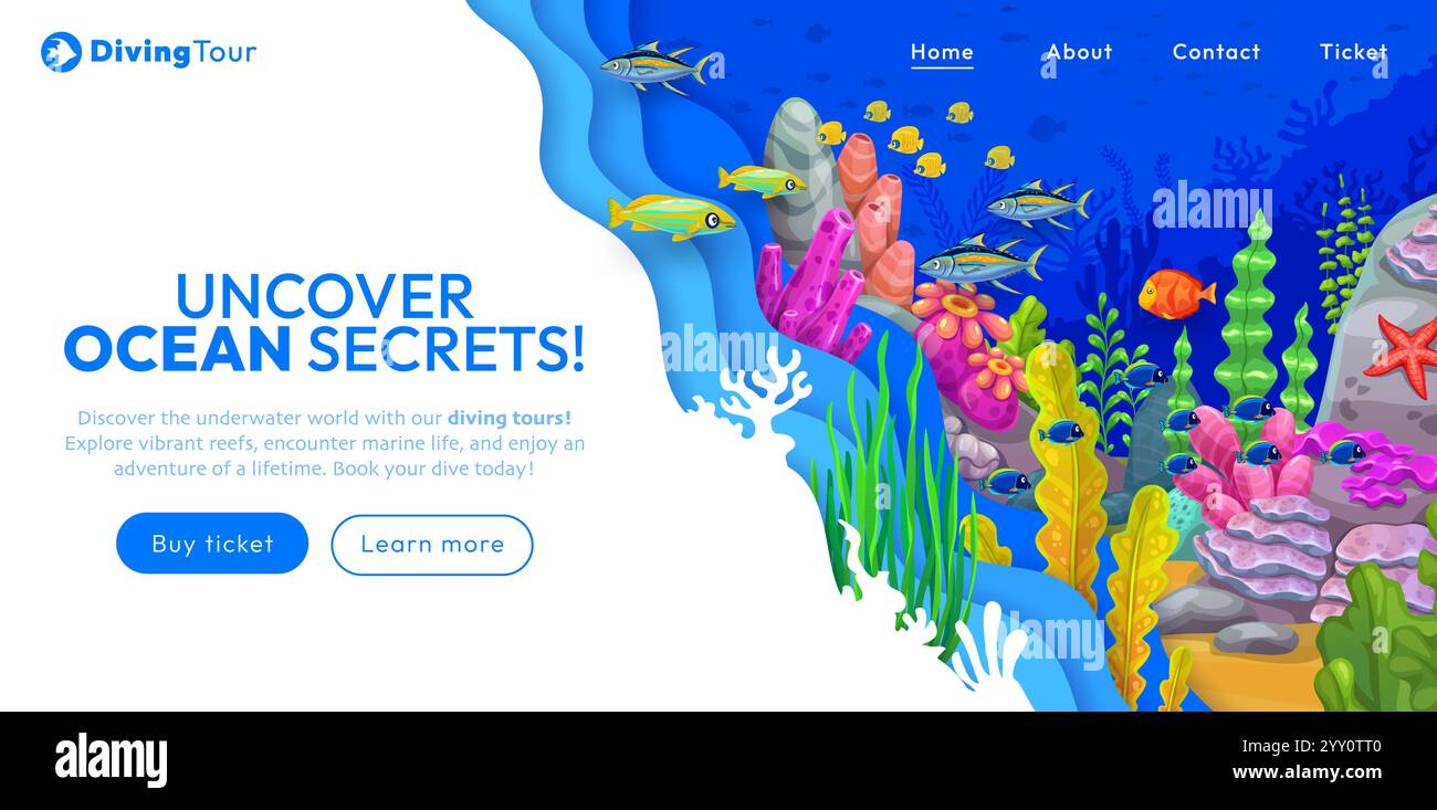 Landing page with paper cut underwater landscape, cartoon tropical sea ...