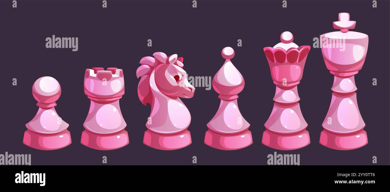 Pink chess pieces set featuring pawn, rook, knight, bishop, queen and ...