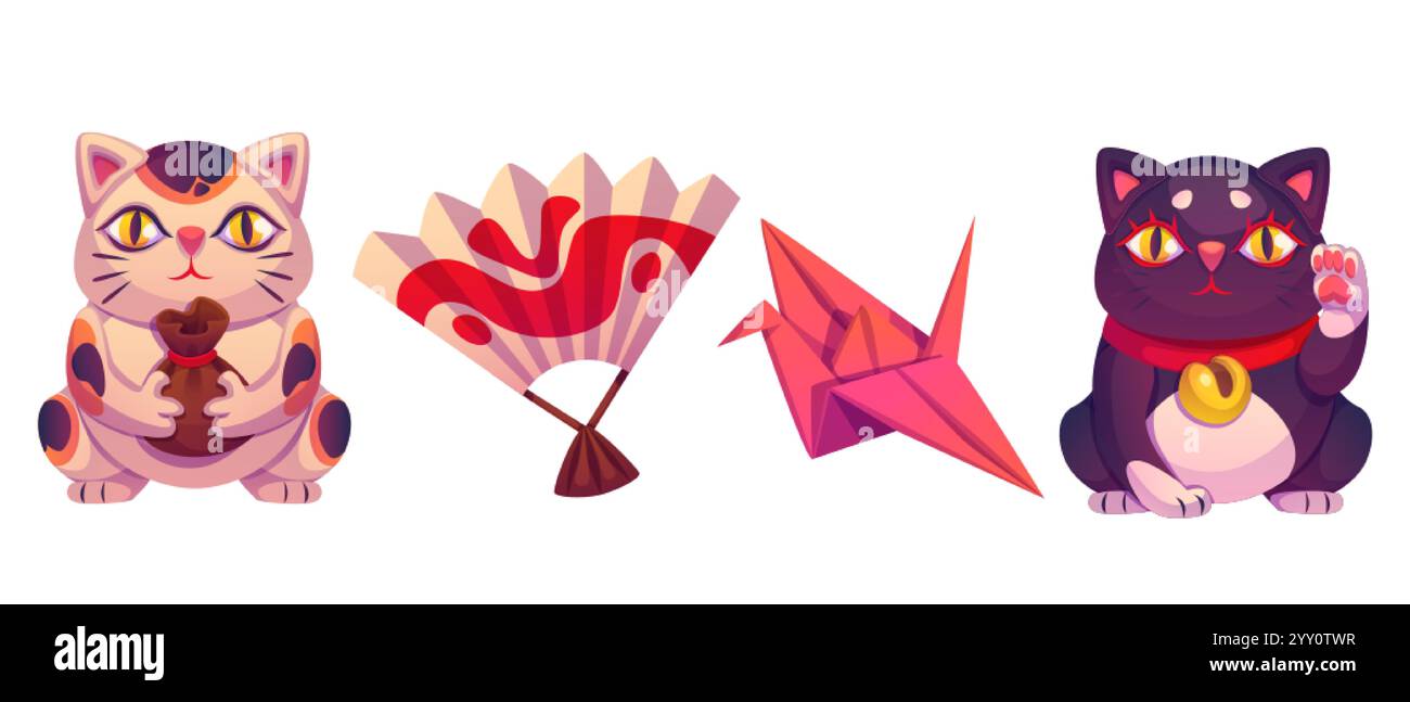 Maneki-neko cats set isolated on white background. Vector cartoon illustration of luck and ...