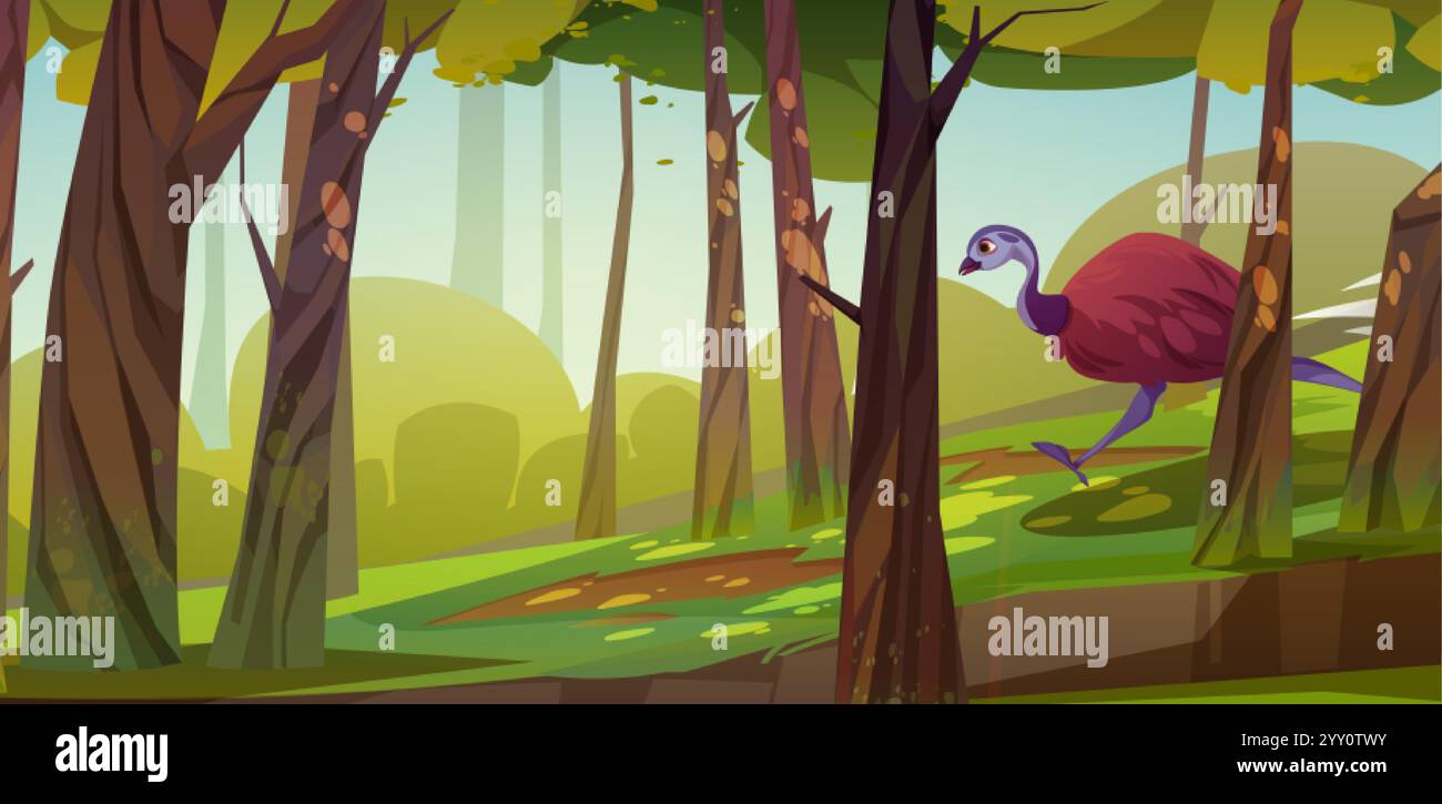 Emu bird running down hill in summer forest. Vector cartoon ...