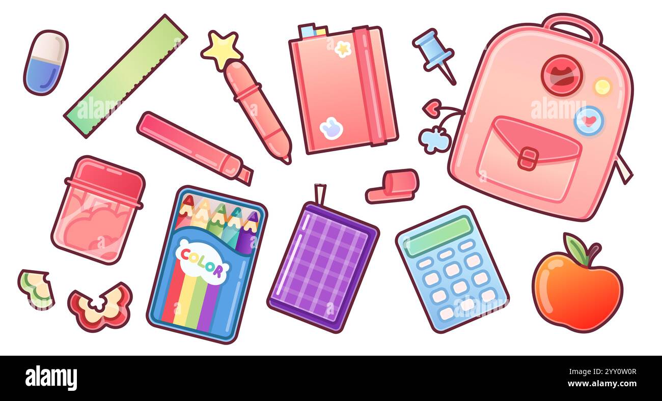 Cute study essentials set - pink backpack with decorative badges ...