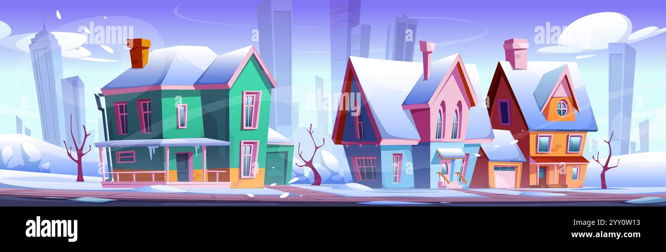 Winter suburban scene with colorful mansion houses covered in snow ...
