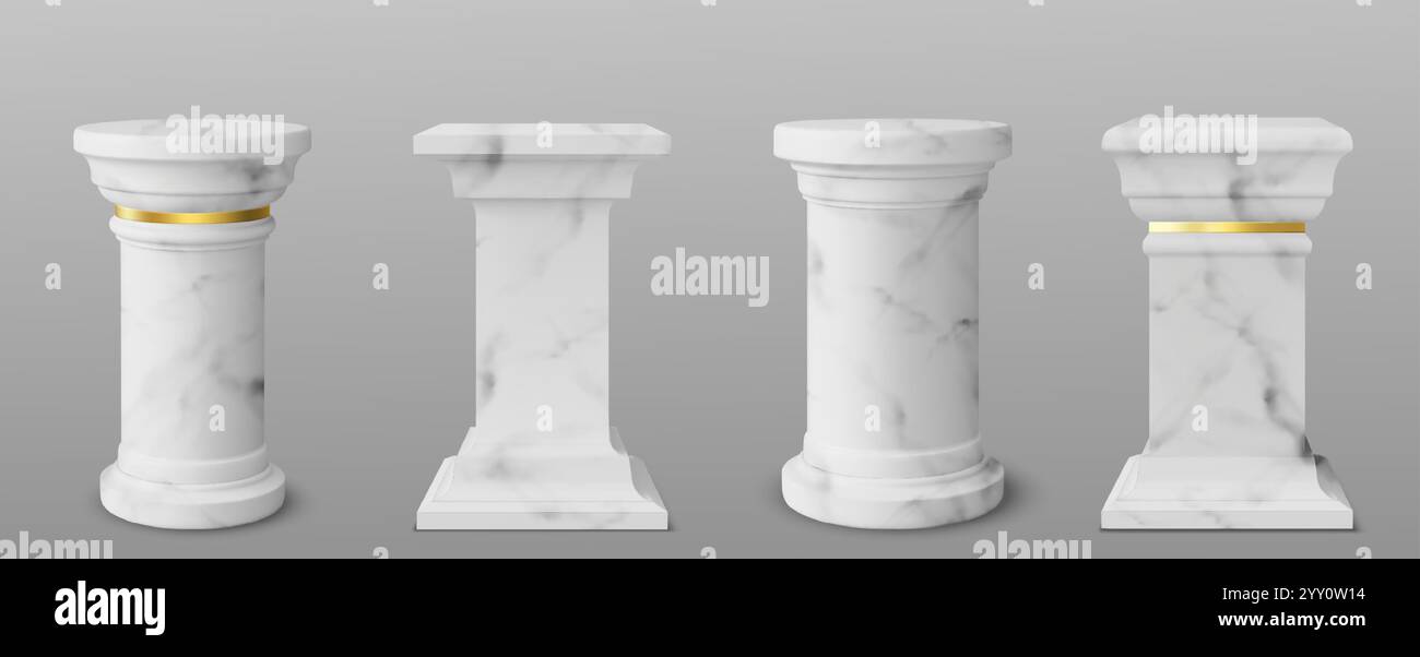 Collection of elegant marble podiums in classic design. White marble ...