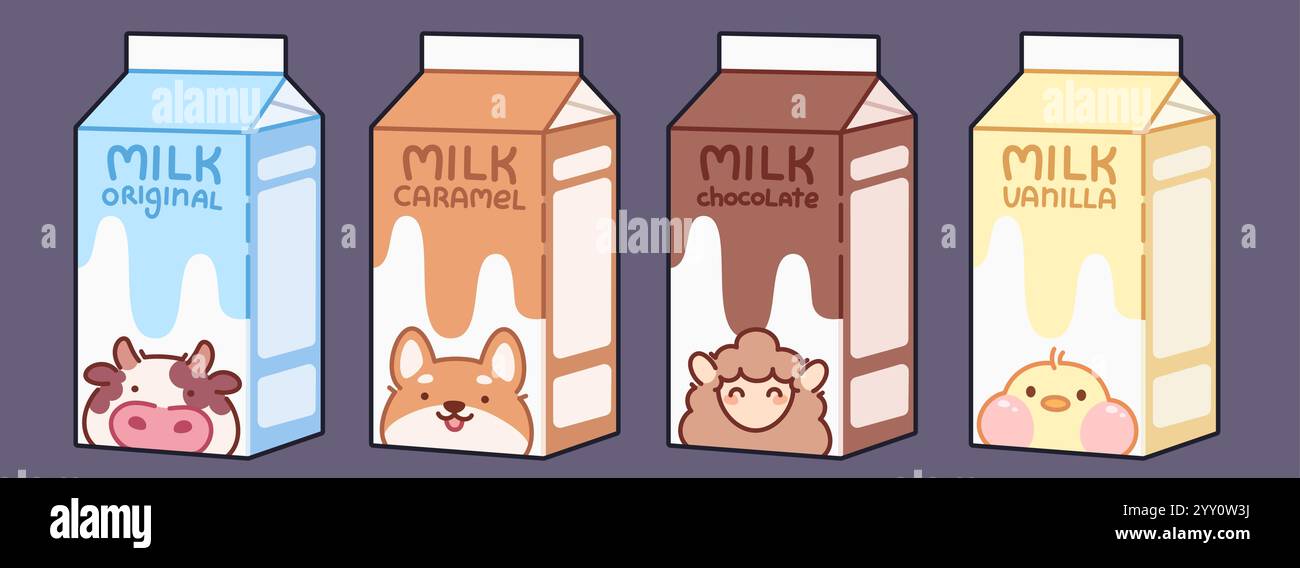 Children milk in cardboard package with original and vanilla, chocolate ...