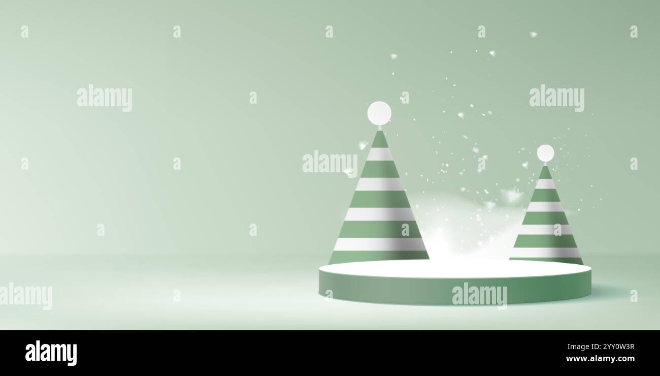 Round podium, Christmas trees on light green background. Vector ...