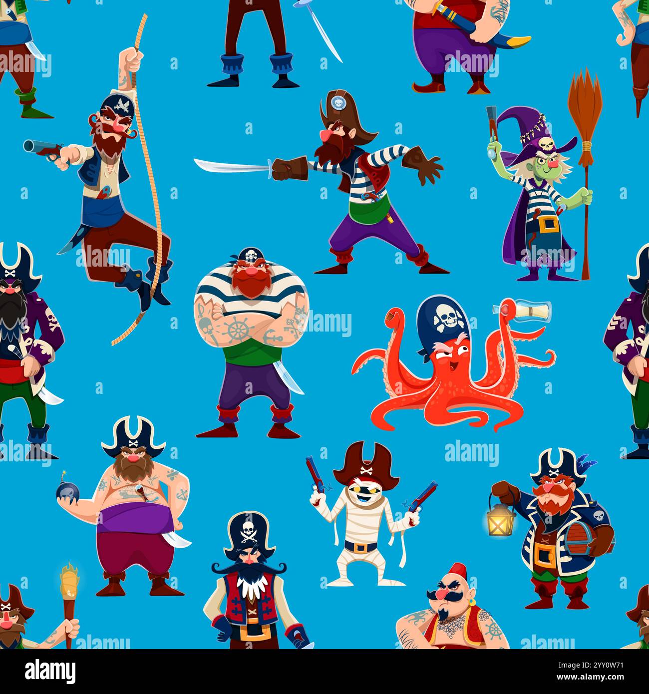 Cartoon pirates and corsair characters seamless pattern. Playful vector ...