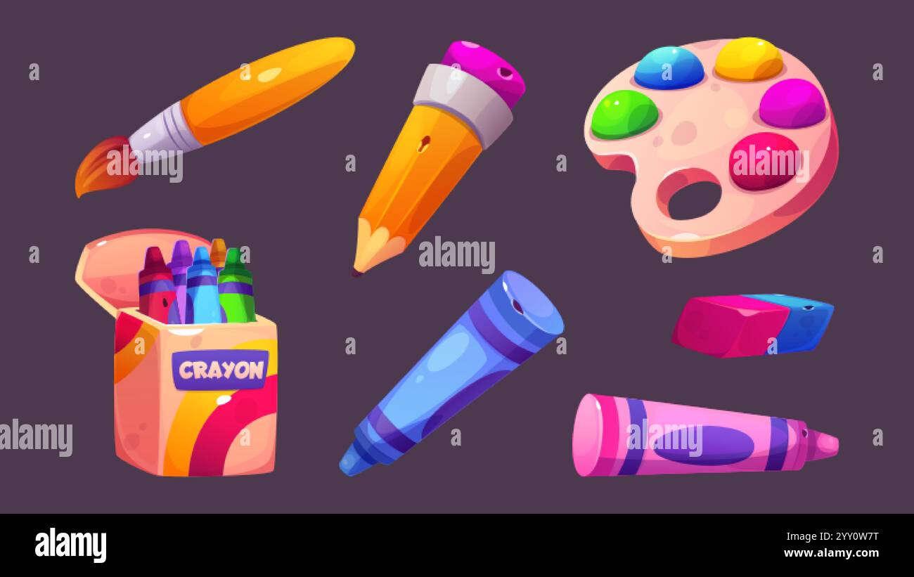 Art paint tool for school craft. Cute pencil and crayon vector ...