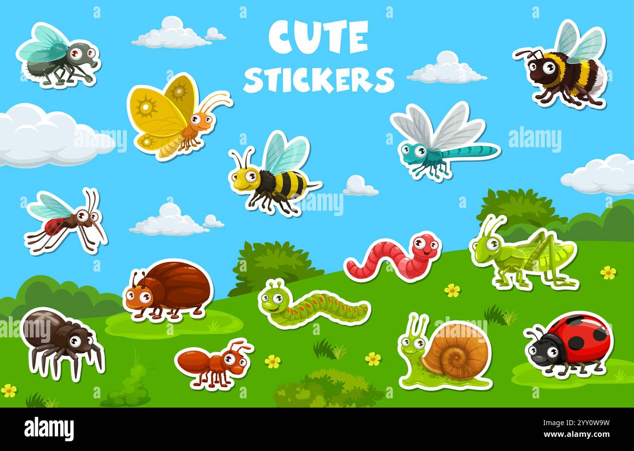 Cartoon insect characters stickers pack on summer flower field vector ...