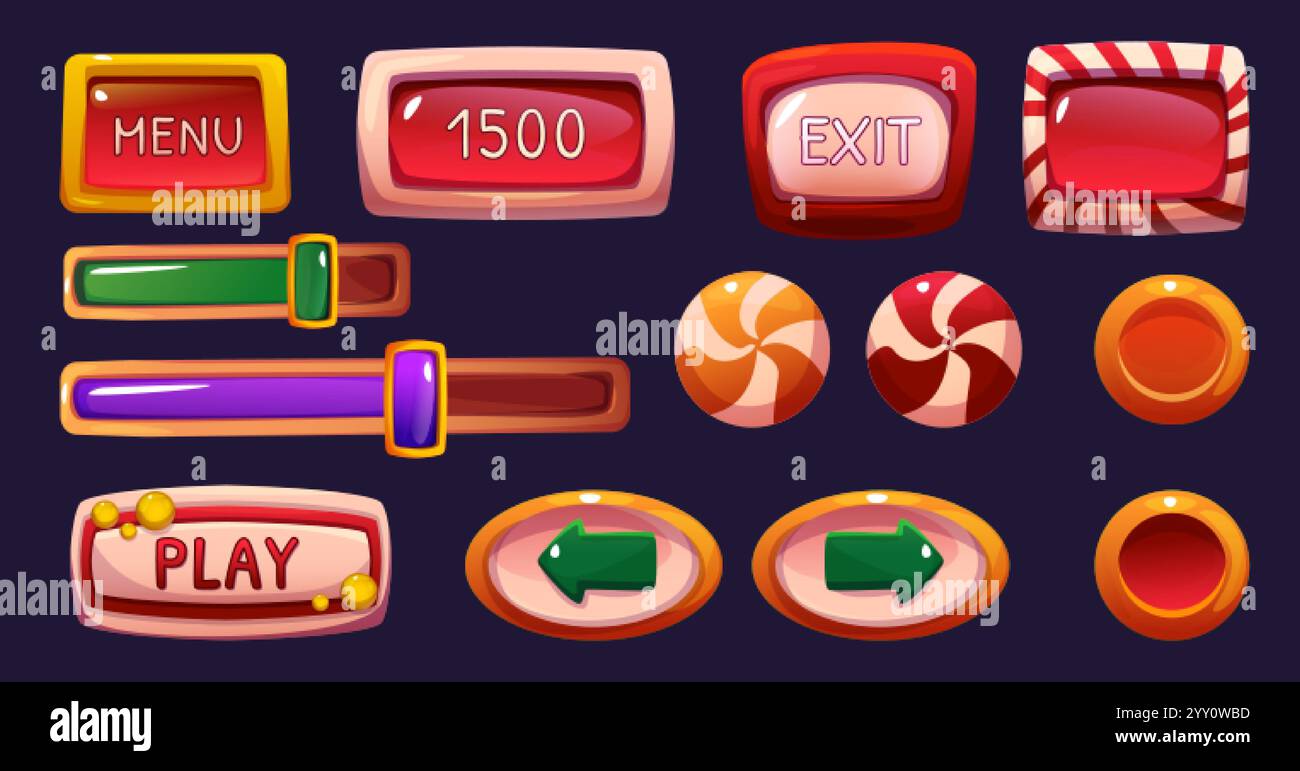 Candy game ui button and interface icon cartoon. Mobile app cute design ...