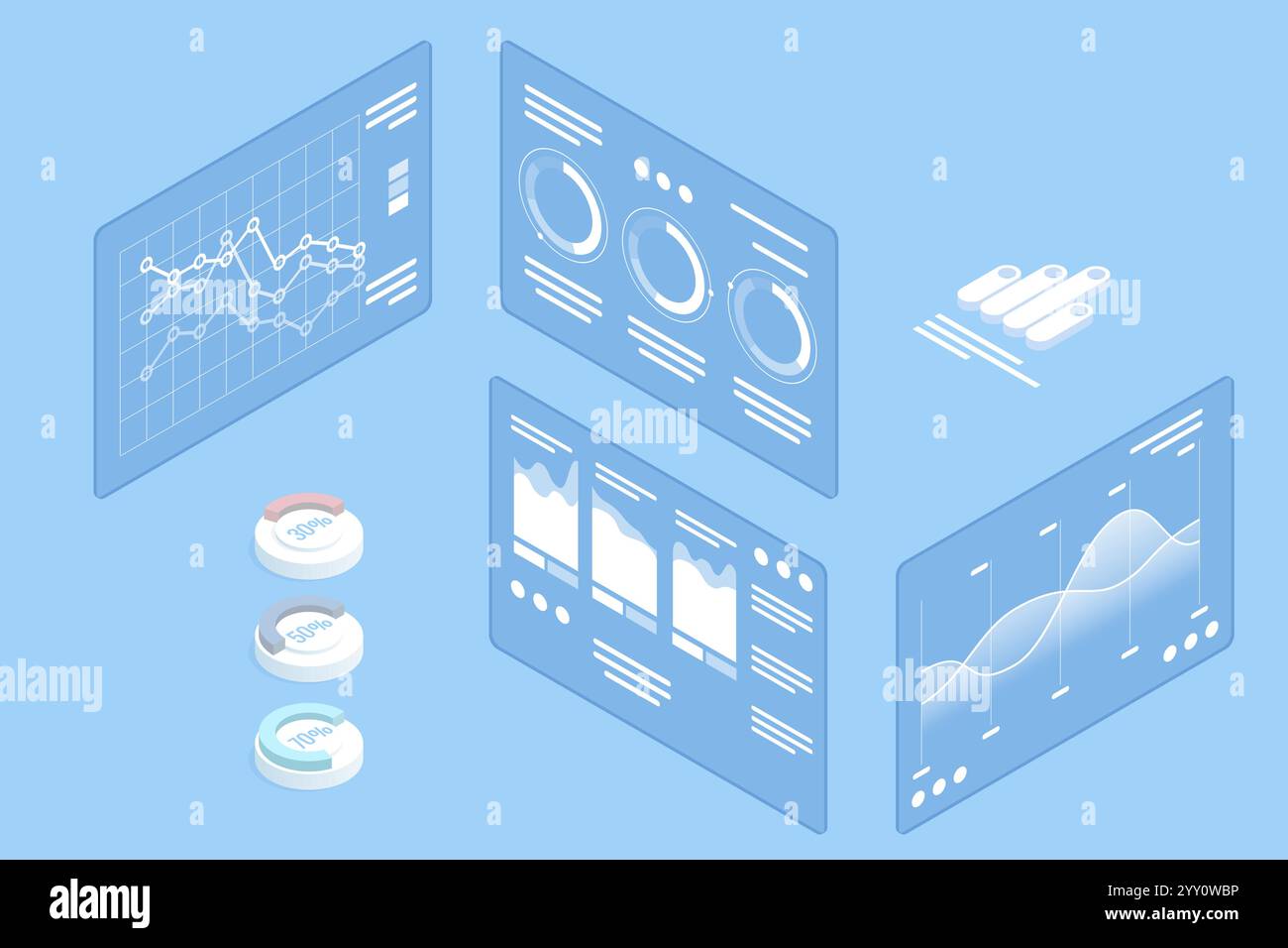 Isometric illustration of digital data dashboards featuring graphs, pie ...