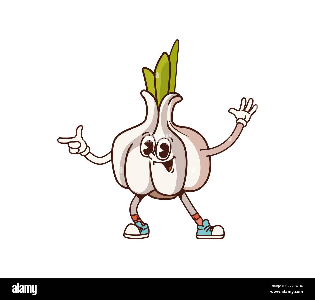 Groovy garlic vegetable character with cheerful expression and finger ...
