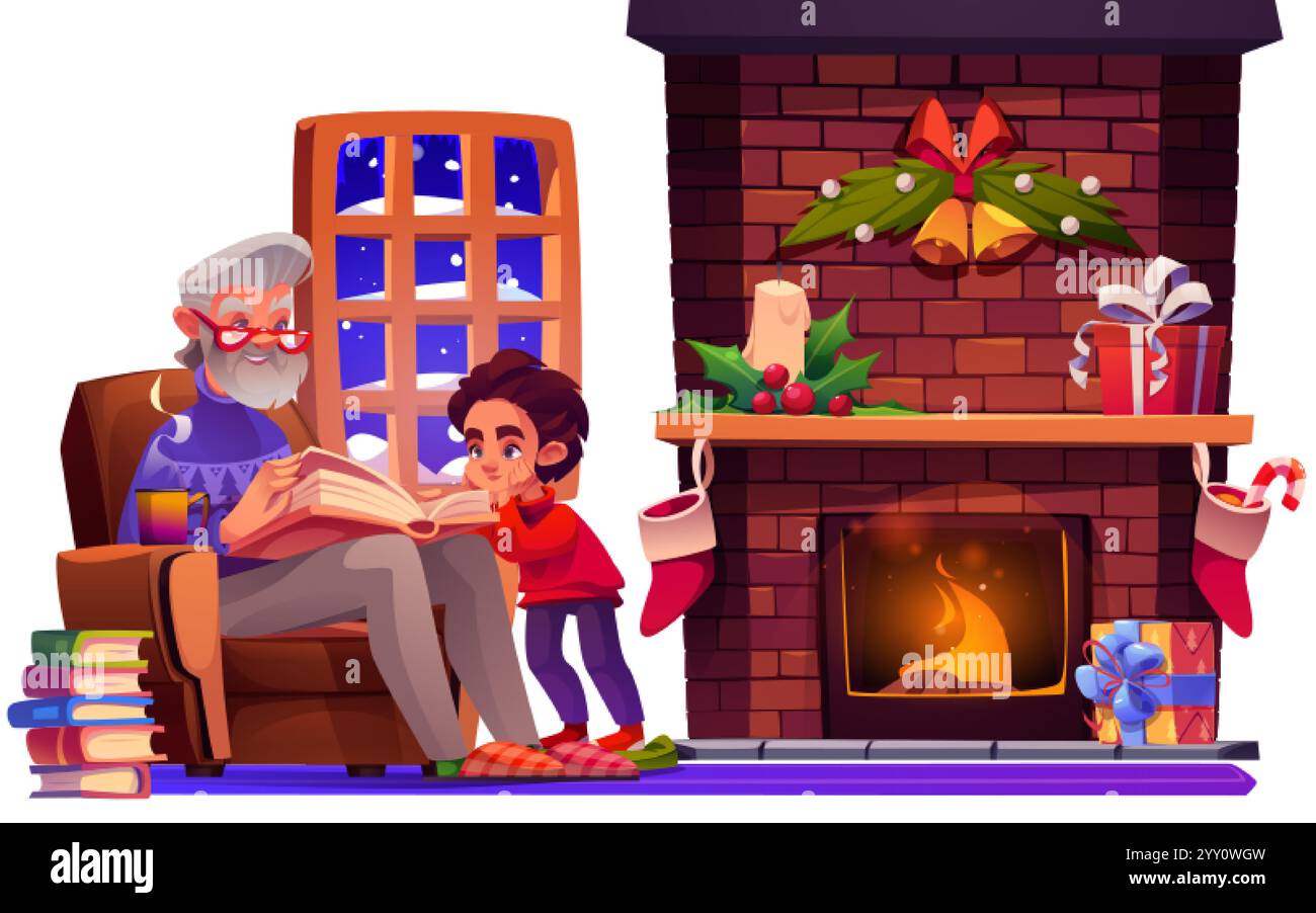 Cartoon cozy Christmas home scene with grandfather reading book to ...