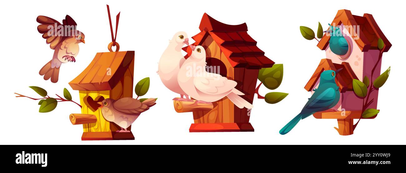 Charming illustration of wooden nesting boxes inhabited by sparrows ...