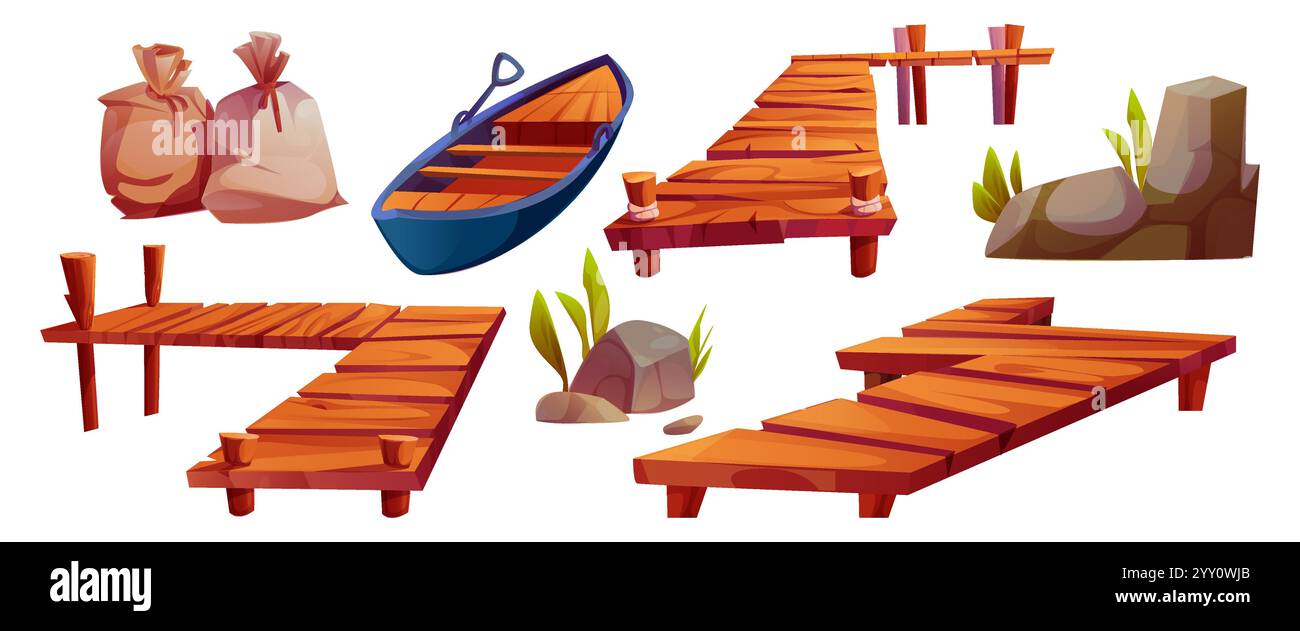 Set of wooden fishing pier cartoon elements with textured planks, blue ...