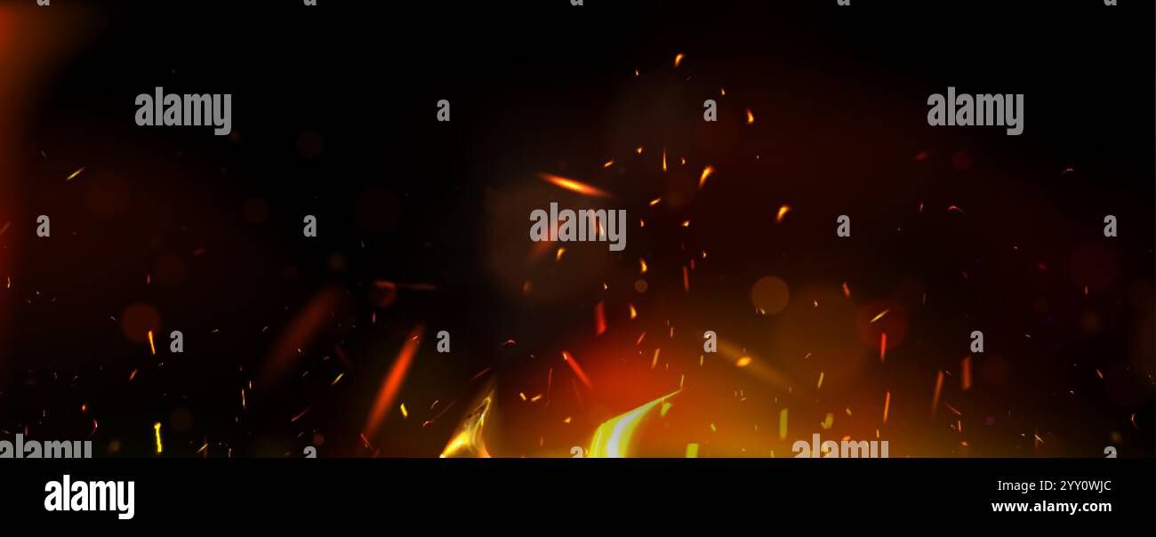 Glowing fire sparks rise on dark background. Bright embers scatter ...