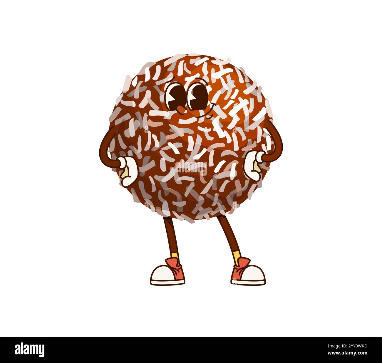 Cartoon groovy chocolate candy sweet ball character with coconut flakes ...