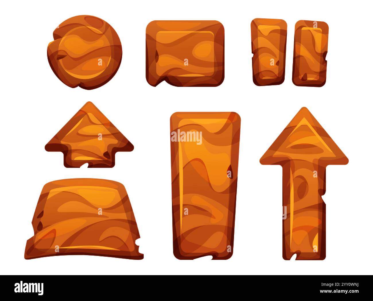 Wooden buttons and arrows for game interface set isolated on white ...