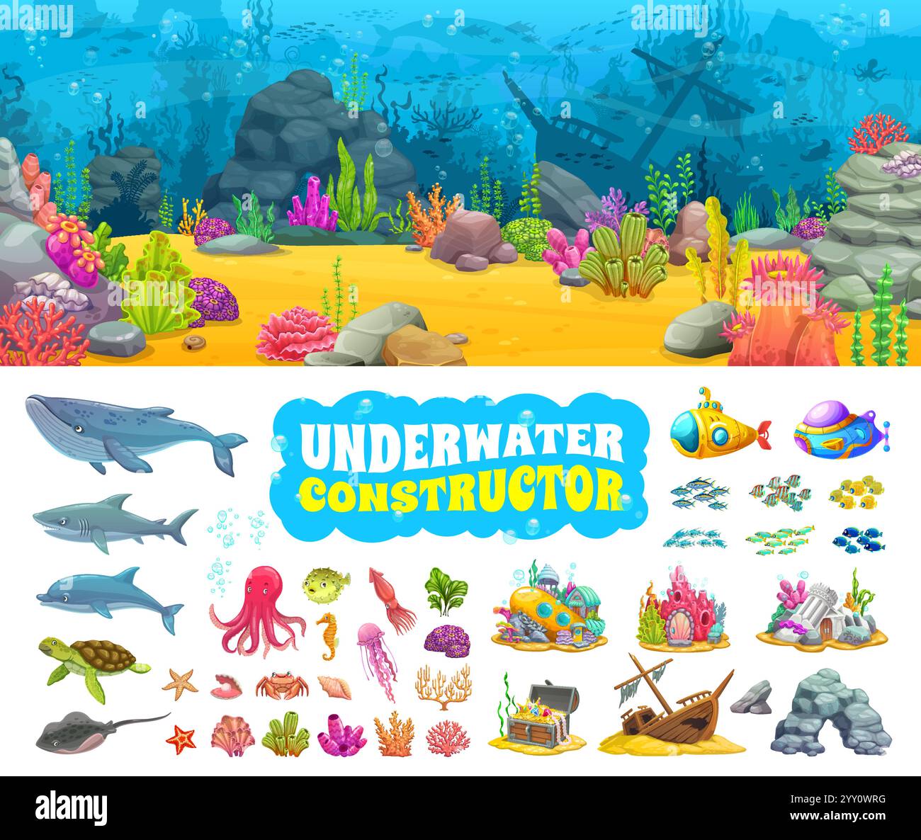 Underwater landscape constructor, game asset kit with ocean bottom ...