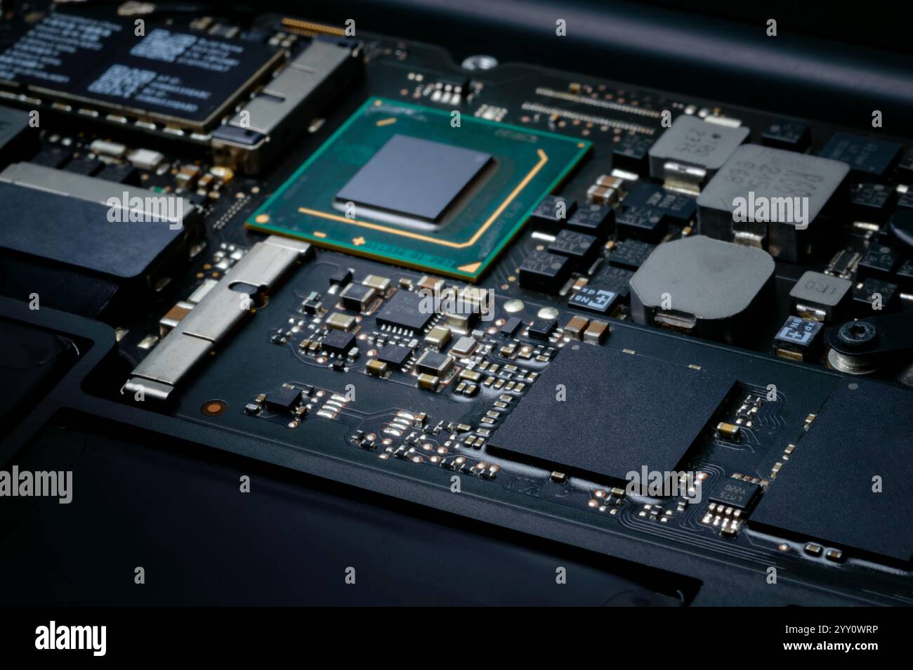 Close-up part of motherboard from laptop computer show up a CPU and ...