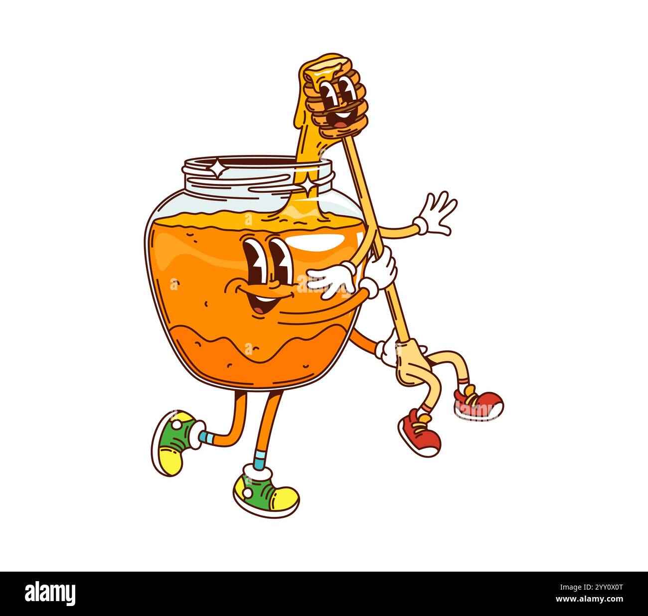 Cartoon groovy honey jar and dipper funny hippie sweet dessert ...