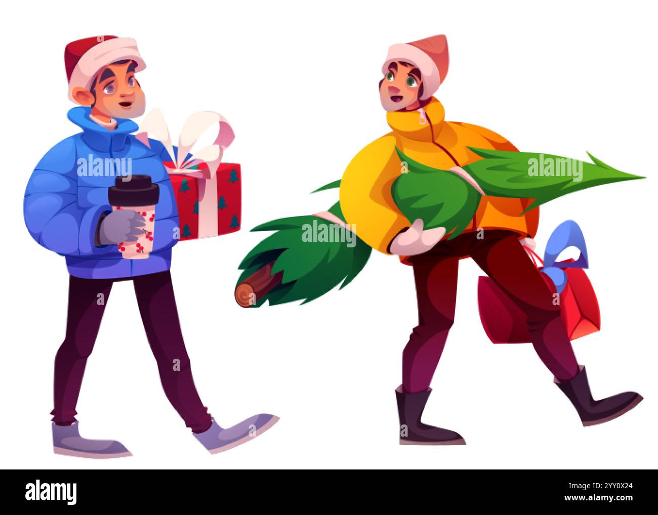 Cartoon male characters in seasonal winter clothes walk and carry ...