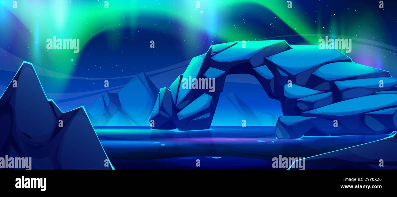 Arctic landscape with Northern Lights. Ice formations and polar waters ...