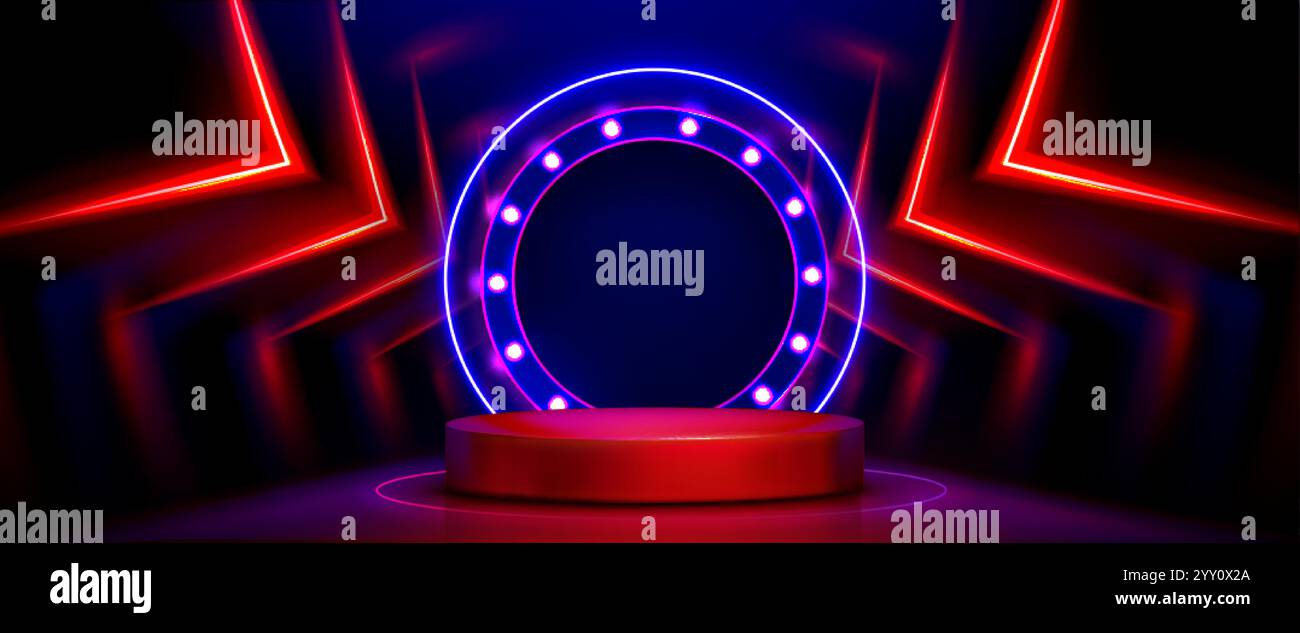 Round stage with spotlight illumination on dark background. Vector ...