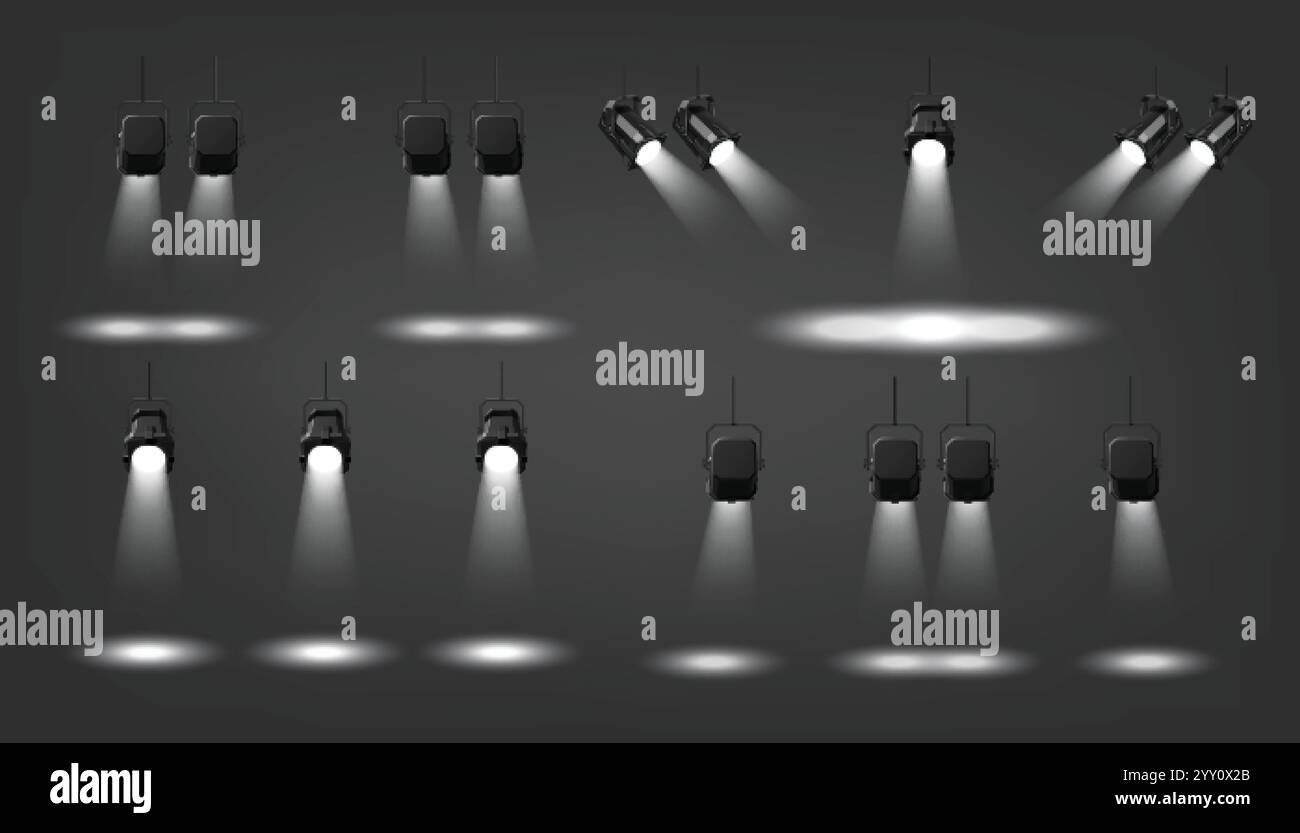 Stage spotlights set isolated on black background. Vector realistic ...