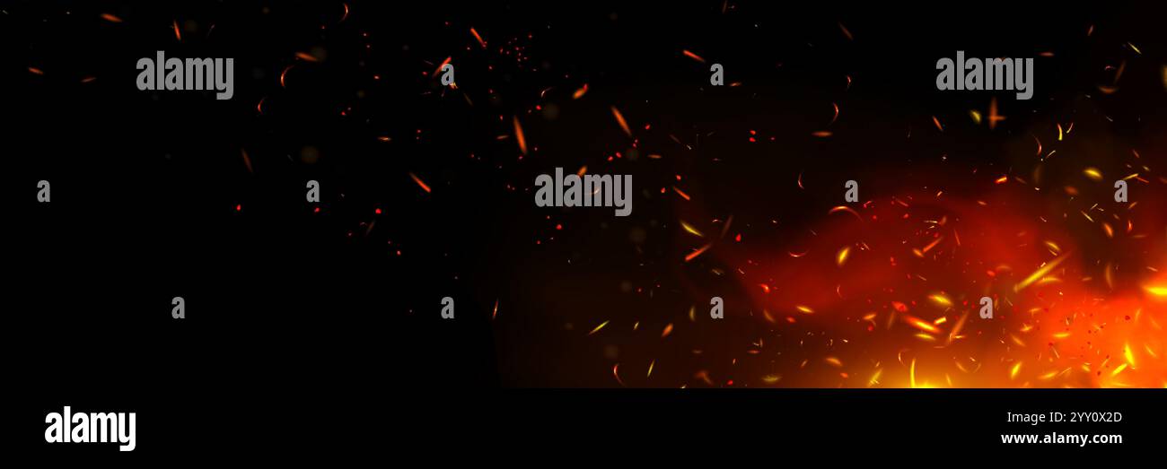 Fire sparks and flame on black background. Vector realistic ...