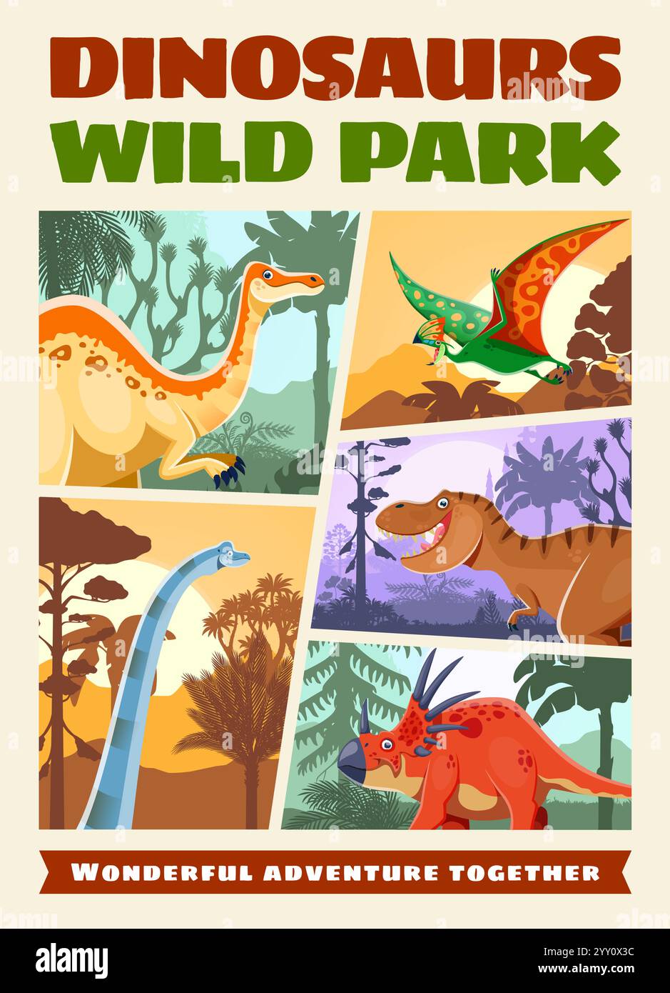 Dino park retro poster or flyer with prehistoric dinosaurs. Vector ...