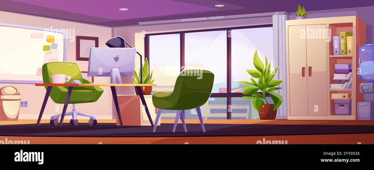 Boss desk near window cartoon room interior background. Work table in ...