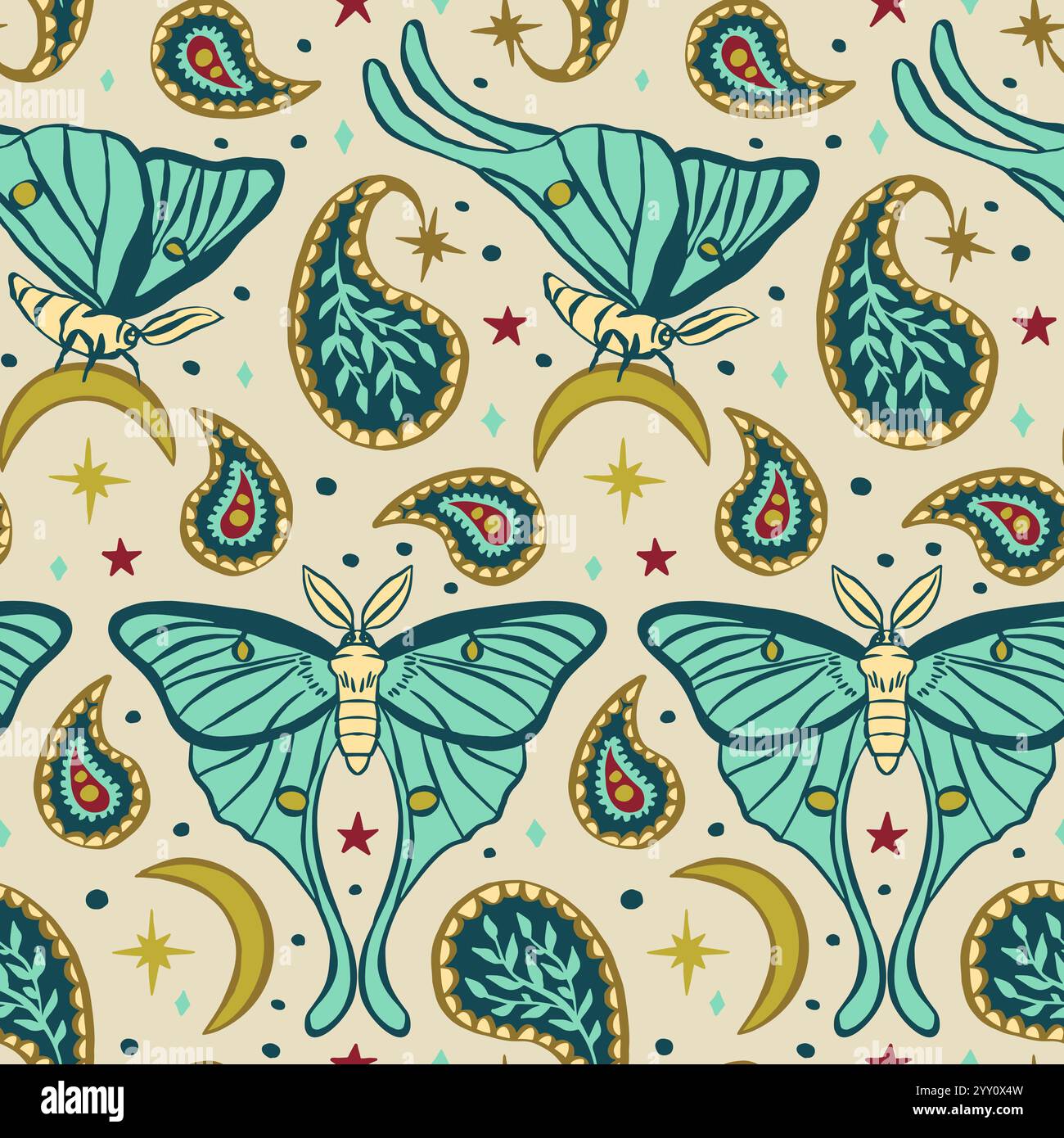 Seamless pattern with celestial luna moth and paisley motif. Stars and ...