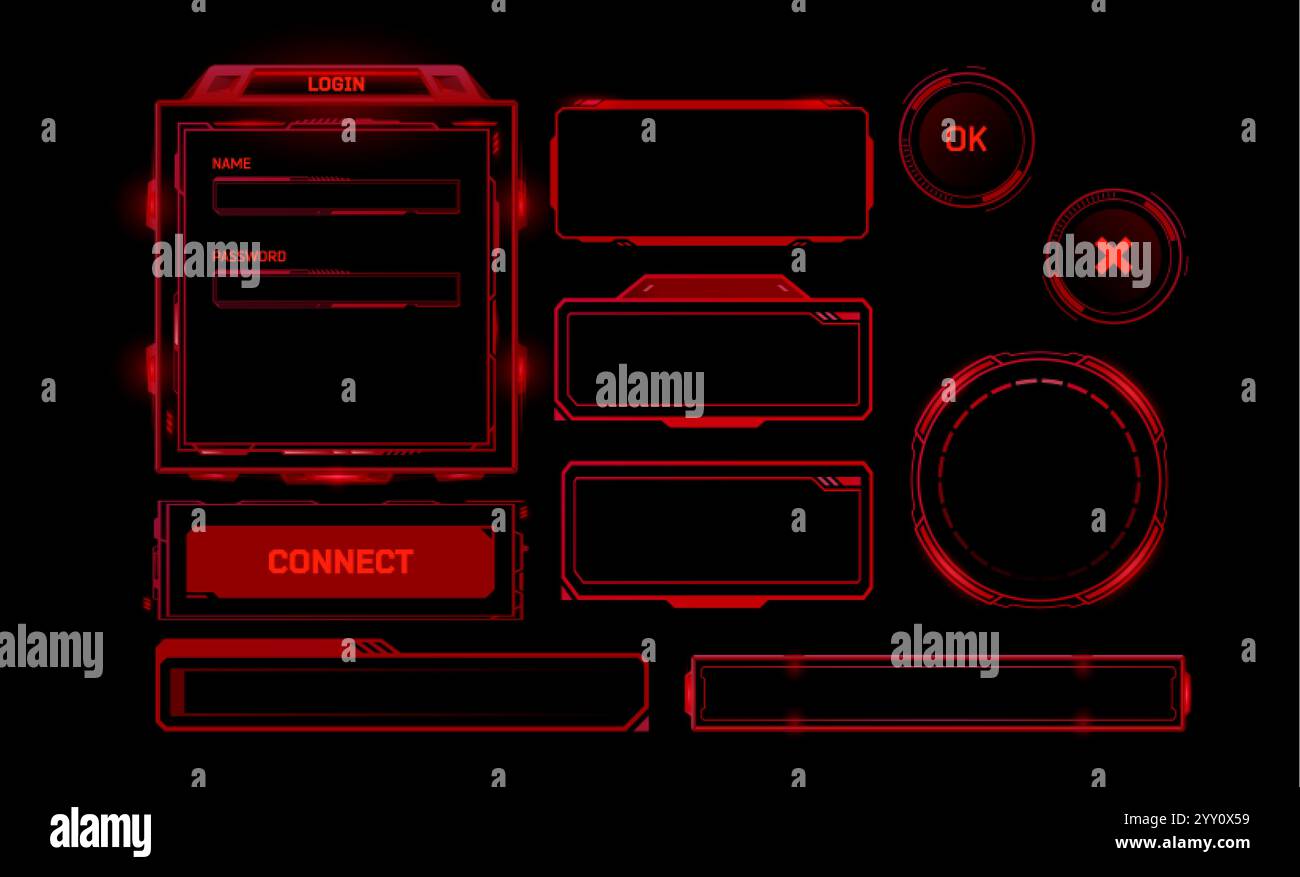 Futuristic red interface elements - login form with name, password fields and connect button ...