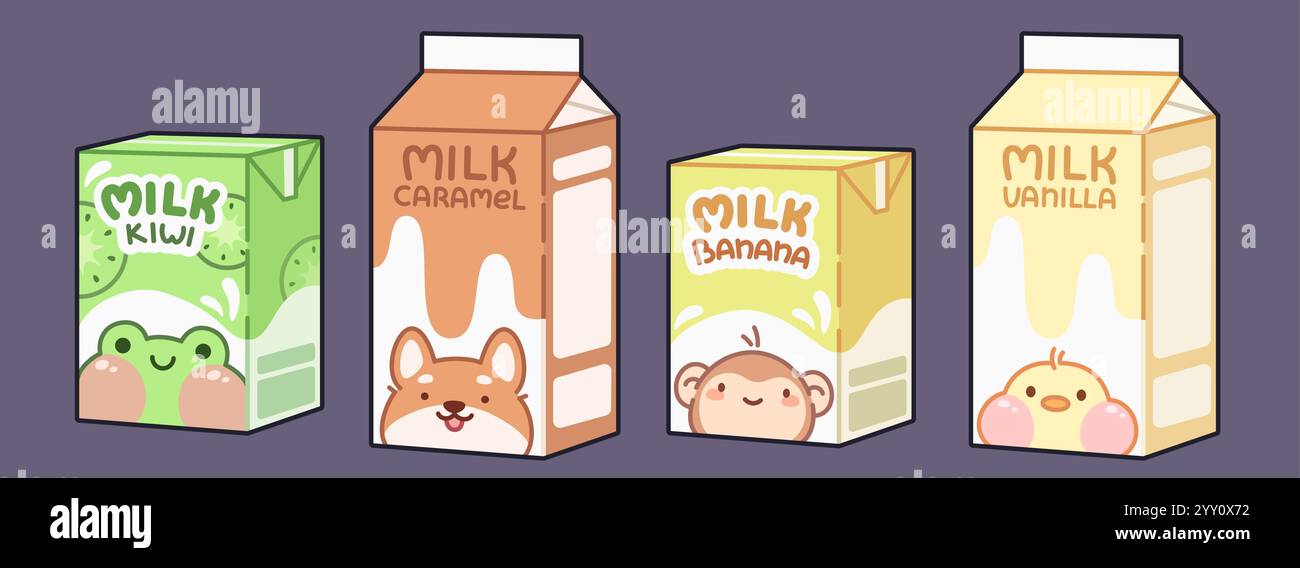 Kawaii milk carton box with character design. Cute anime juice package ...