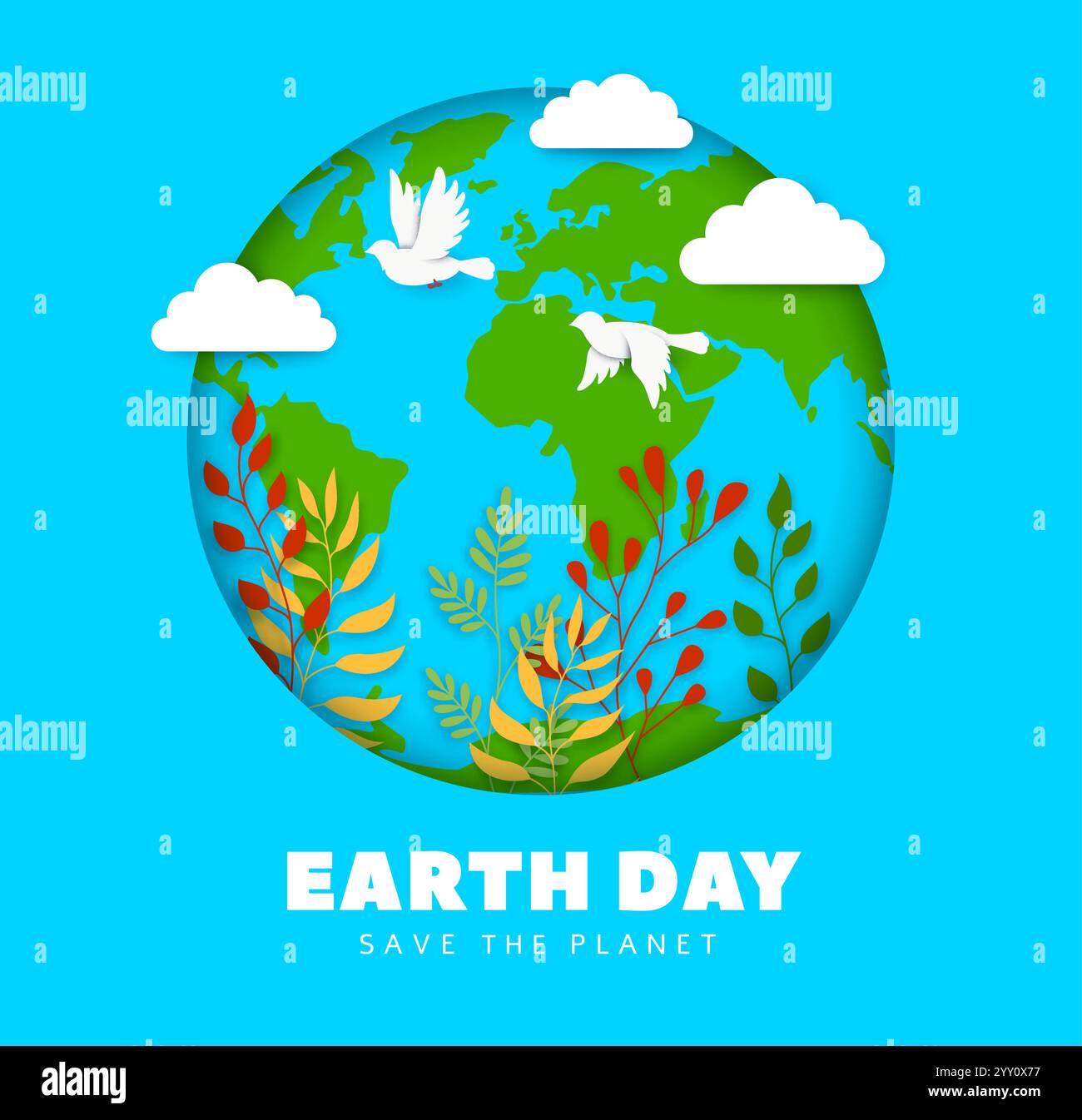 Earth day paper cut banner featuring the planet earth with white doves ...