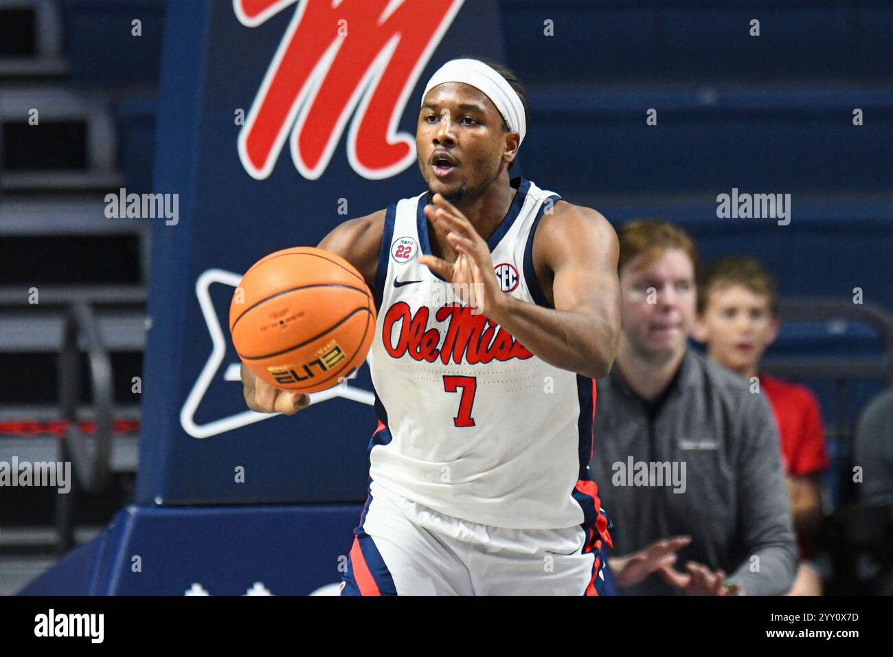 Mississippi guard Davon Barnes (7) passes up court against Southern ...