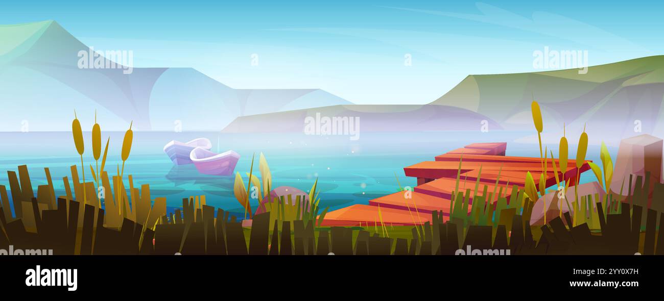 Boat in lake near wooden pier cartoon background. Dock and river ...