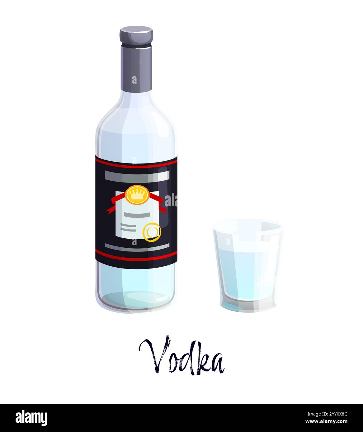 Vodka alcohol bottle and glass. Isolated vector strong drink, bar menu ...