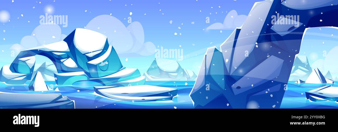 Nordic sea landscape with iceberg and glacier. Vector cartoon ...